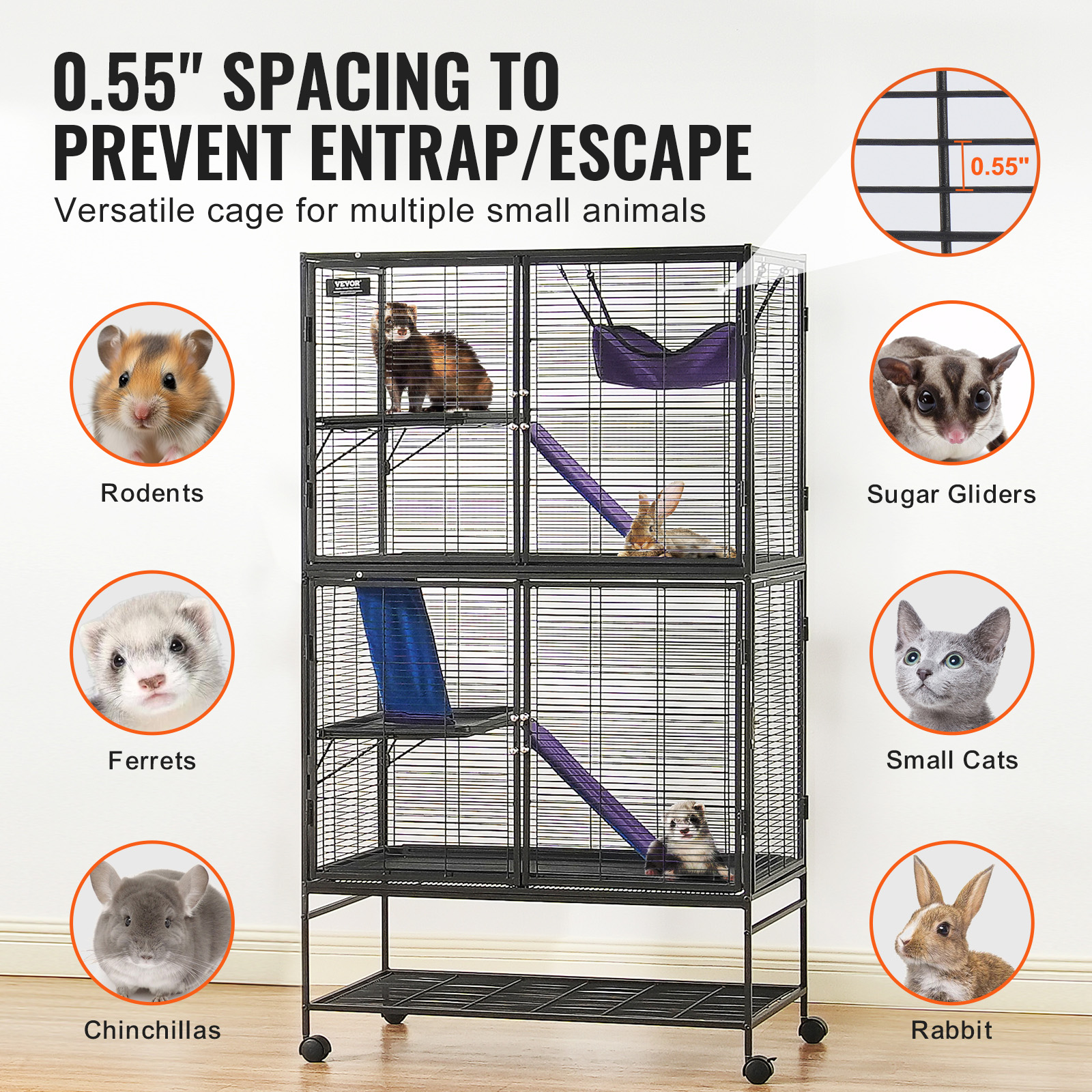VEVOR 36-69" Metal Small Animal Cage 2-Tier Rolling Ferret Cage with ...