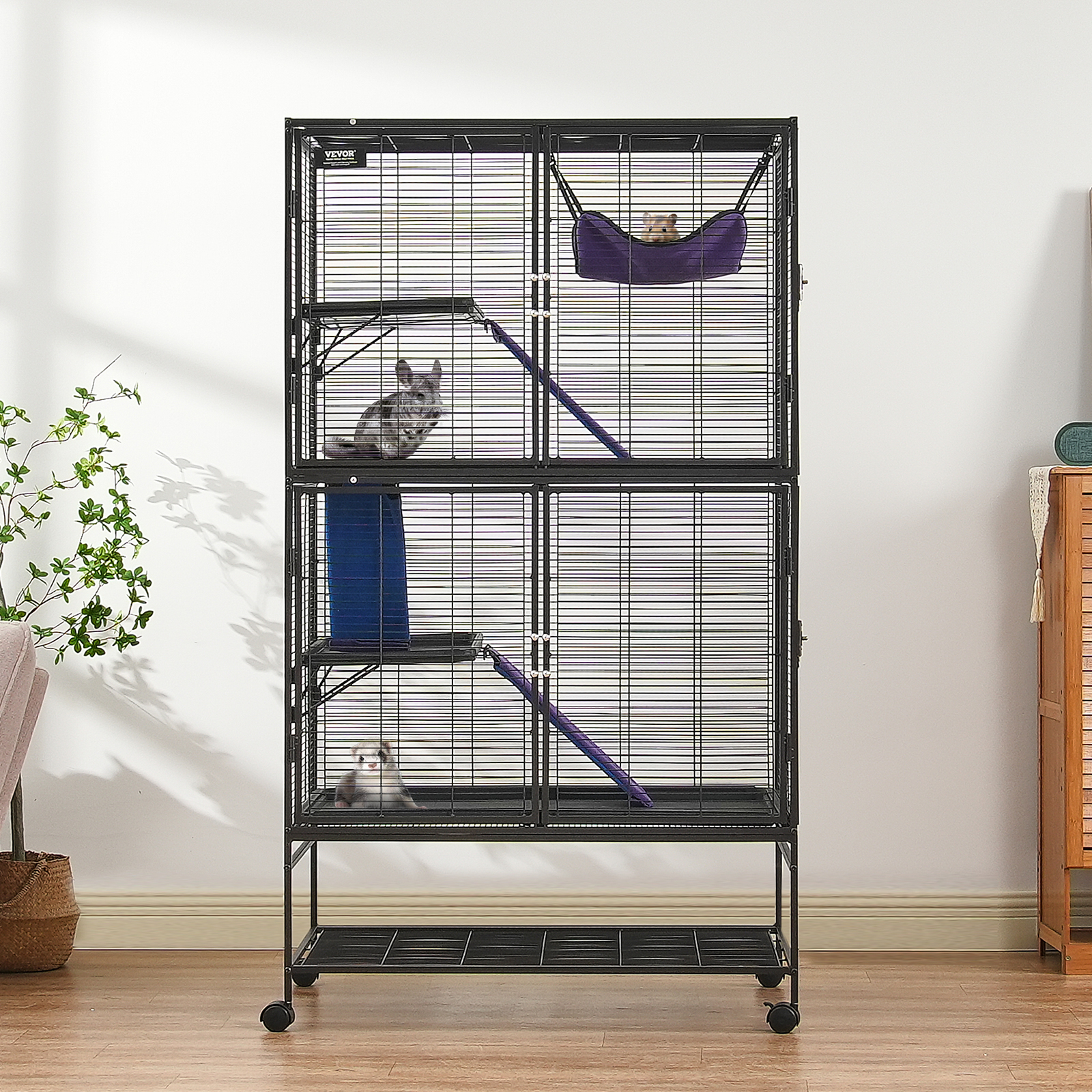 VEVOR 36-69" Metal Small Animal Cage 2-Tier Rolling Ferret Cage with ...