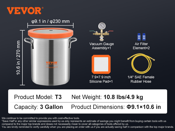 VEVOR Chambre à Vide 3 gal 11,4 L Récipient pour Pompe à Vide Couvercle ...