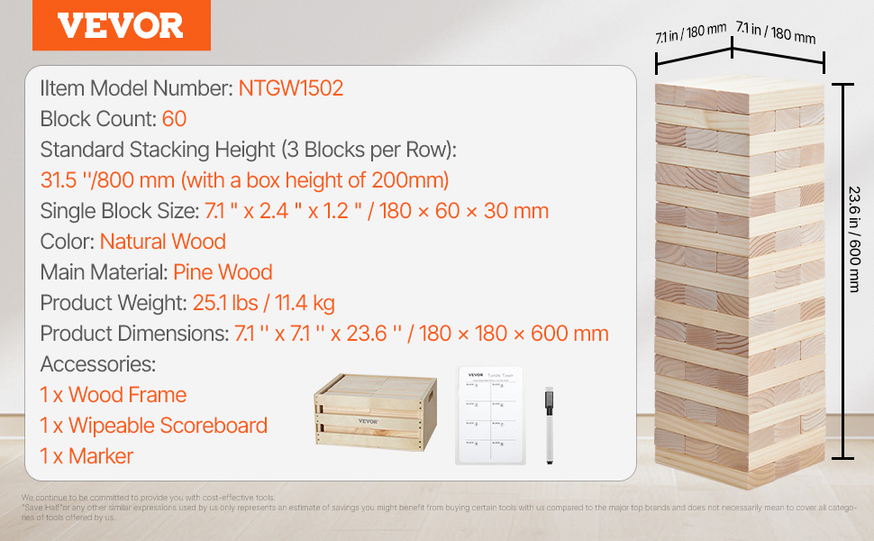 Tumbling Timber Toy 60 Blocks Giant Tumble Tower Blocks Game Pine Wood ...