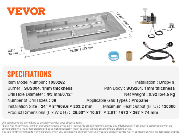 VEVOR 24 x 8 inch Drop-in Fire Pit Pan, Rectangular Stainless Steel ...