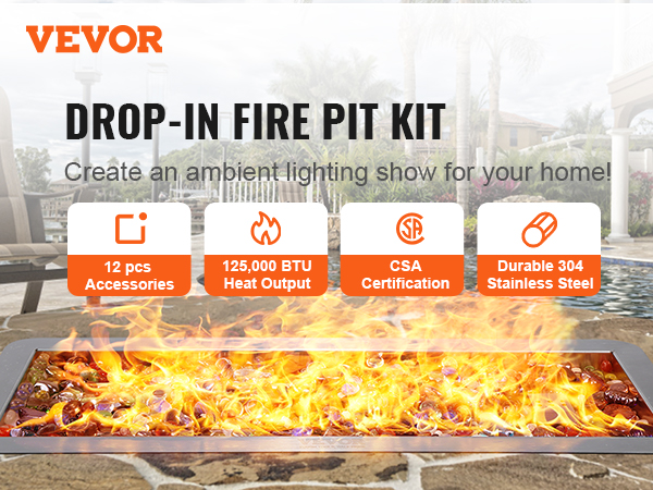 VEVOR 30 x 10 inch Drop-in Fire Pit Pan, Rectangular Stainless Steel Fire Pit Burner Kit ...