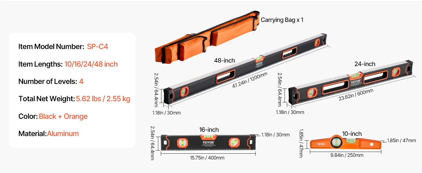 4-Piece Magnetic Torpedo Level Aluminum Alloy 48/24/16/10 Inch with ...