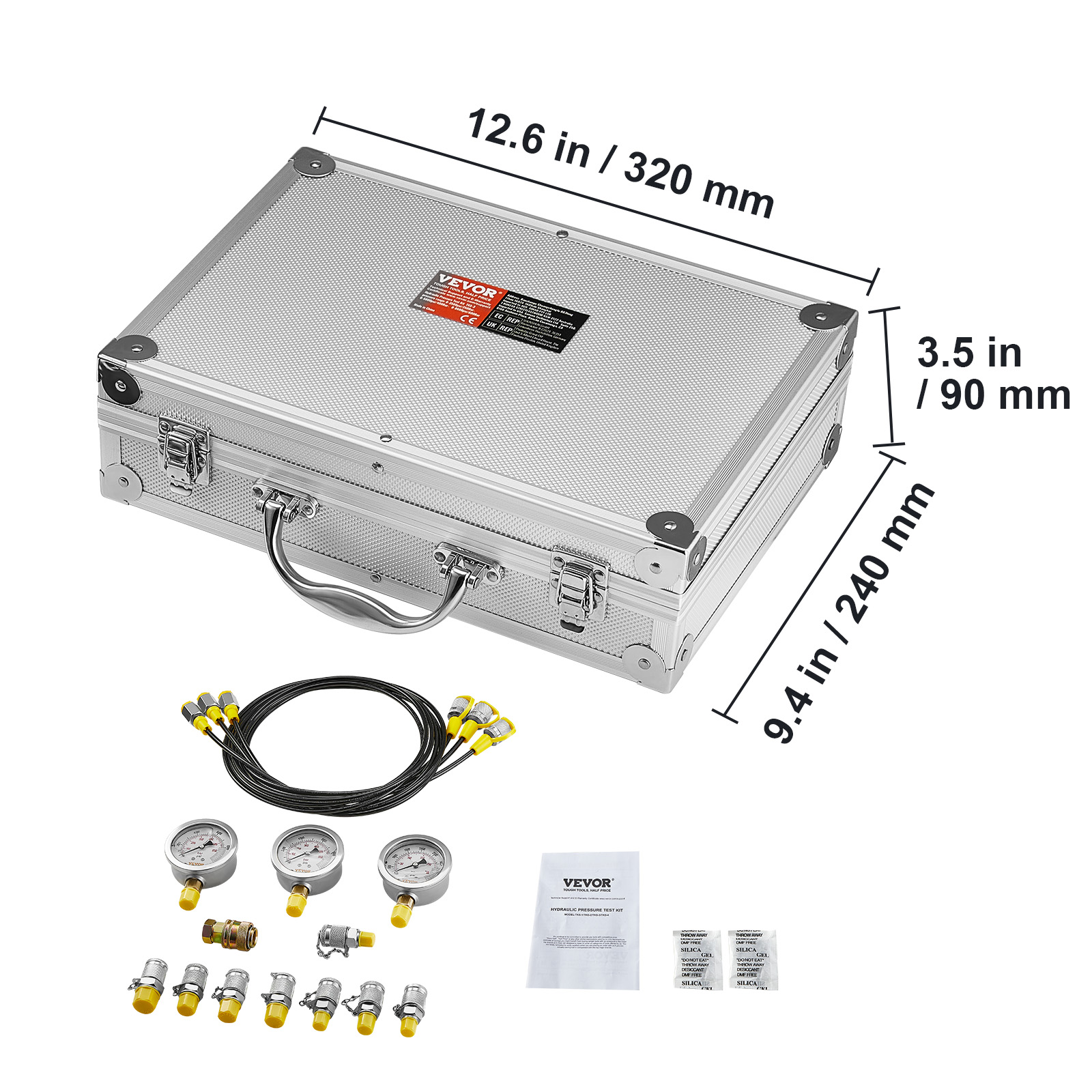 VEVOR Hydraulic Pressure Test Kit, 250/400/600bar, 3 Gauges 9 Test ...