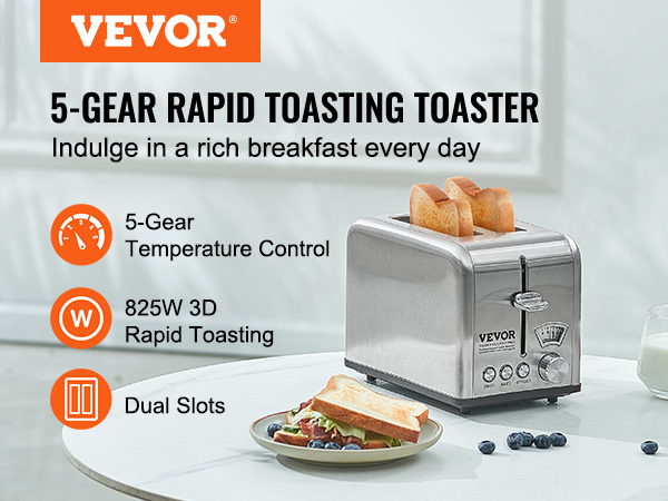 VEVOR Retro Stainless Steel Toaster 2 Slice, 825W 1.5" Extra Wide Slots ...