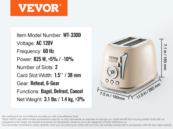 VEVOR Brushed Stainless Steel Toaster, 2 Slice, 825W 1.5'' Extra Wide ...