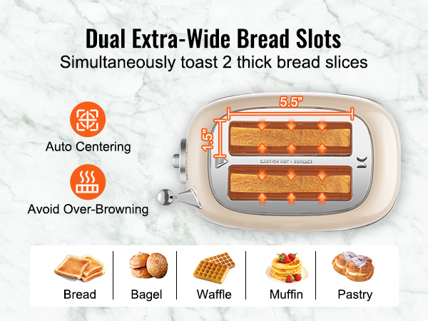 VEVOR Brushed Stainless Steel Toaster, 2 Slice, 825W 1.5'' Extra Wide ...