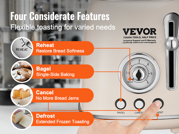 VEVOR Brushed Stainless Steel Toaster, 2 Slice, 825W 1.5'' Extra Wide ...