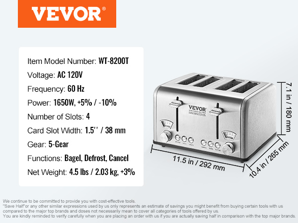 VEVOR Retro Stainless Steel Toaster, 4 Slice, 1625W 1.5'' Extra Wide ...