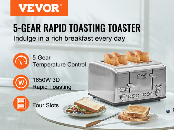 VEVOR Retro Stainless Steel Toaster, 4 Slice, 1625W 1.5'' Extra Wide ...