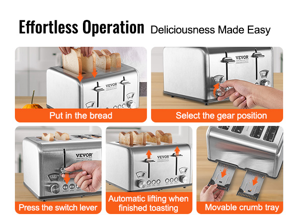 VEVOR Retro Stainless Steel Toaster, 4 Slice, 1625W 1.5'' Extra Wide ...