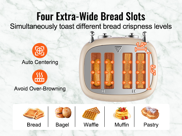 VEVOR Brushed Stainless Steel Toaster, 4 Slice, 1650W 1.5'' Extra Wide ...