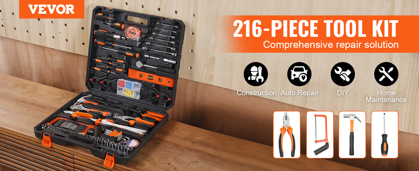 VEVOR Tool Kit 216 Piece Yleinen kotitalouksien käsityökalusarja ...