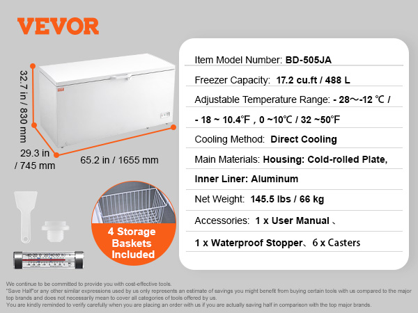 VEVOR Chest Freezer, 17.2 cu.ft / 488 L Large Deep Freezer & 4 ...