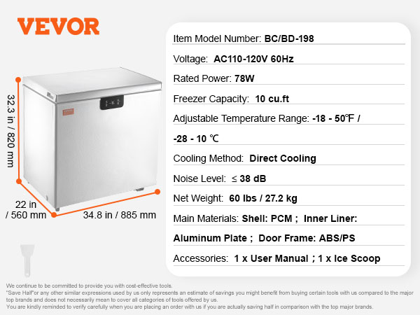VEVOR Chest Freezer, 10 Cu.ft / 283 L Compact Deep Freezer, Free ...