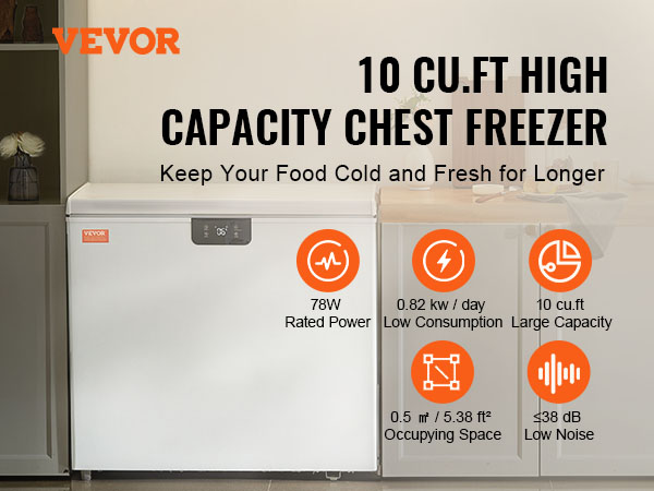 VEVOR Chest Freezer, 10 Cu.ft / 283 L Compact Deep Freezer, Free ...