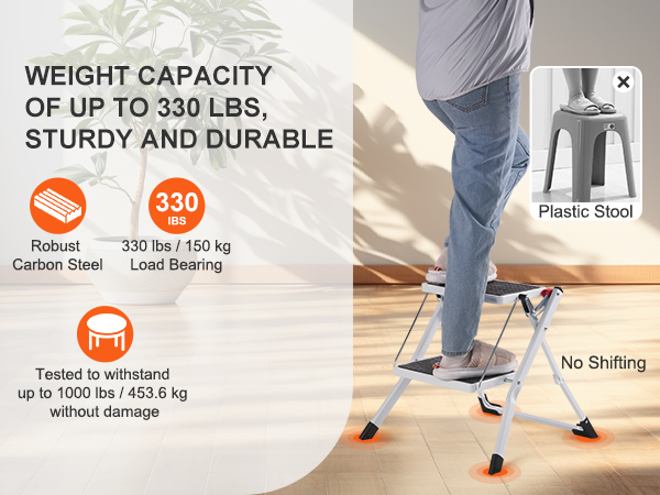VEVOR Step Ladder 2-Step 330lbs Capacity, Ergonomic Folding Steel Step ...
