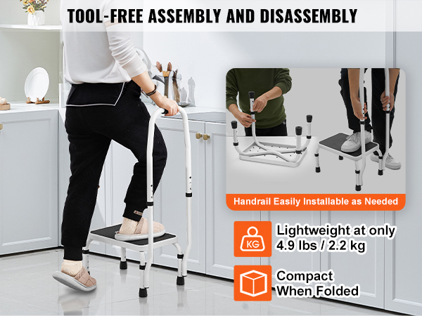 VEVOR Step Stool 1-Step 330lbs Capacity, 3 Adjustable Height with ...