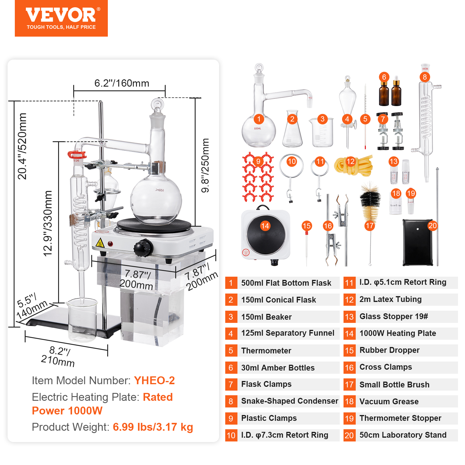 VEVOR Essential Oil Distillation Kit 500/2000ml Distillation Apparatus ...