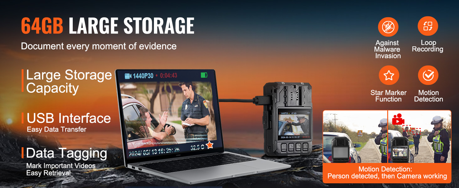 VEVOR 1440P Police Body Camera 64G Body Cam 3500 mAh Battery Night ...