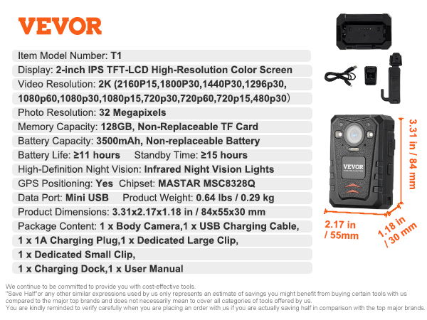 VEVOR 1440P HD Police Body Camera, 128GB Body Cam with Audio Video ...