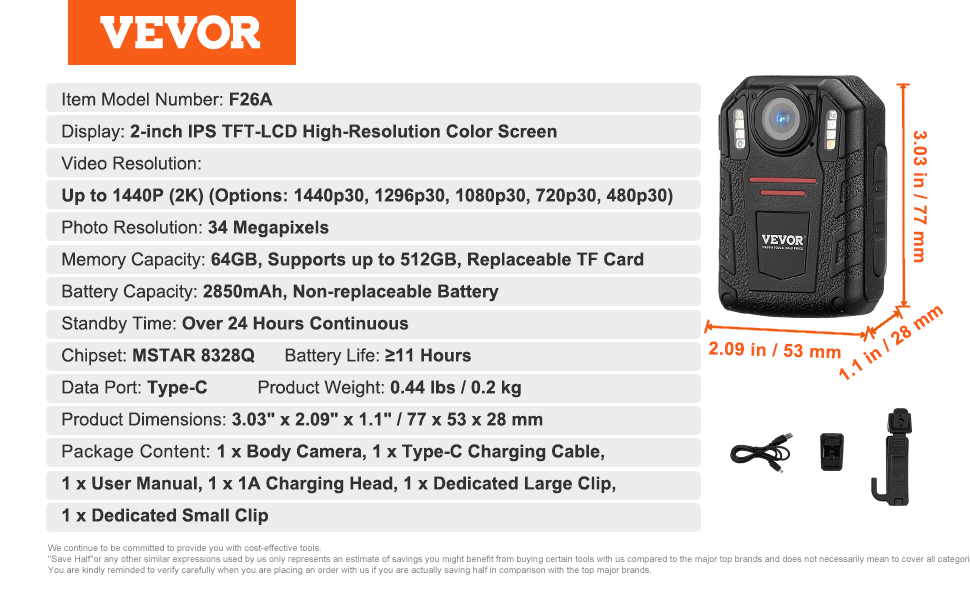 VEVOR 1440P HD Police Body Camera, 64GB Body Cam with Audio Video ...
