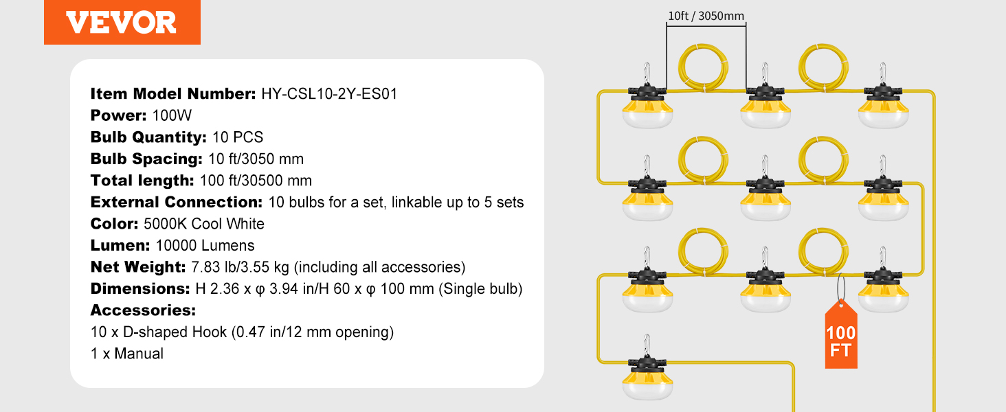 VEVOR 100FT Construction String Lights 100W 10000LM Connectable ...