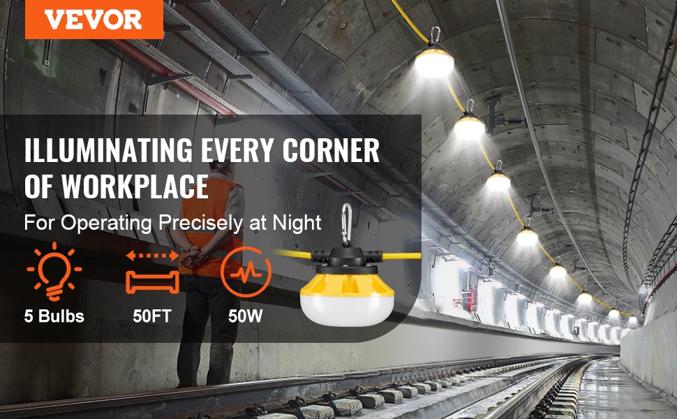 VEVOR 50FT Construction String Work Lights 50W 5000LM Connectable ...