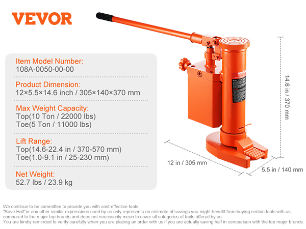 VEVOR Hydraulic Toe Jack, 5 Ton On Toe Toe Jack Lift, 10 Ton On Top ...