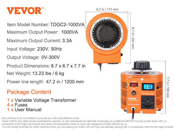 VEVOR 1000VA Variable Voltage Transformer 3.3A 0-300V Voltage Regulator LCD CE | VEVOR EU