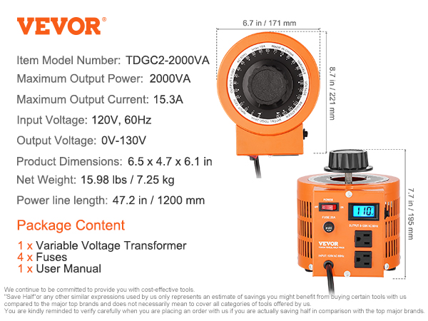 Vevor 2000va Auto Variable Voltage Transformer 15 3 Amp 110v Input 0 130v Output Ac Voltage