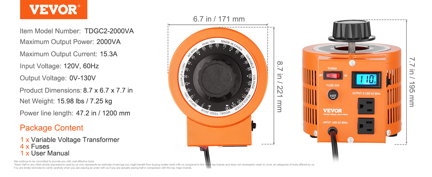 Vevor 2000va Auto Variable Voltage Transformer 15 3 Amp 110v Input 0 130v Output Ac Voltage