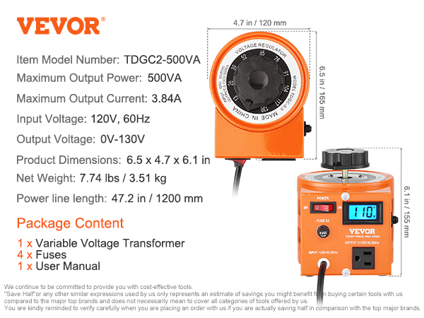 Vevor 500va Auto Variable Voltage Transformer 3 84 Amp 110v Input 0