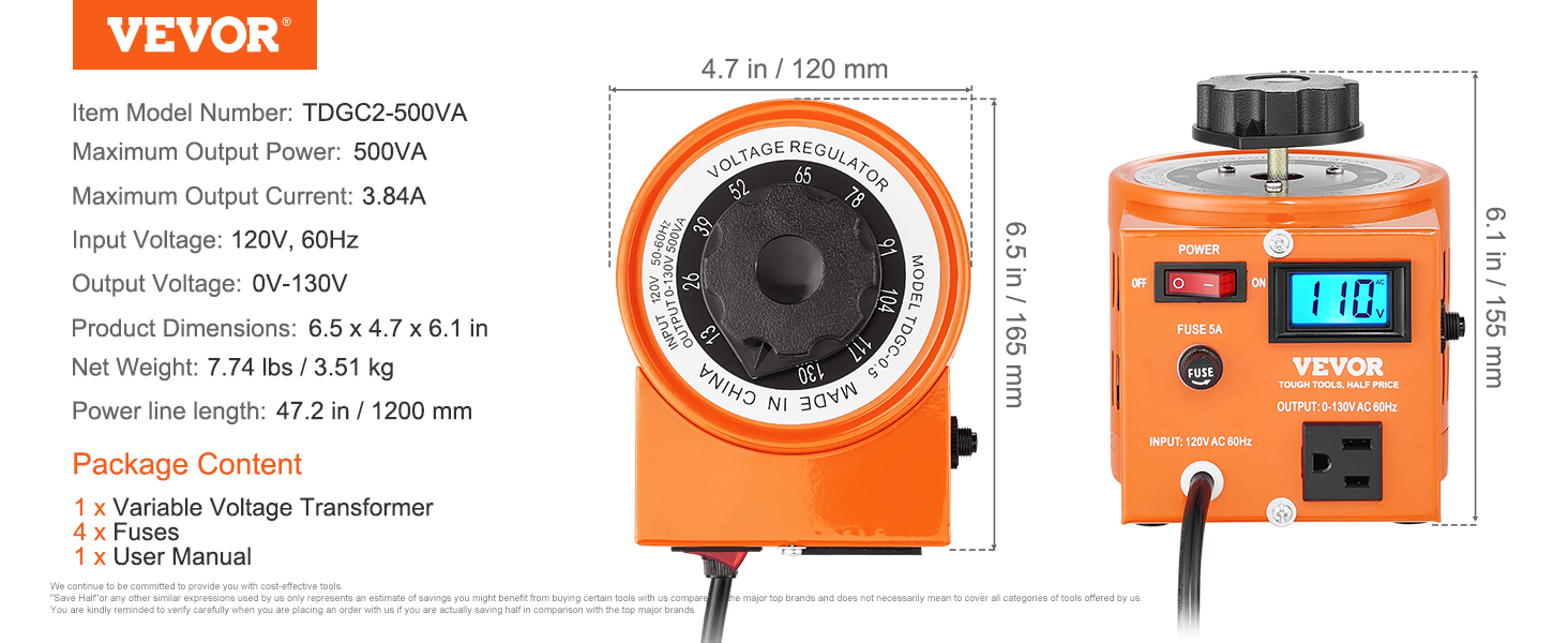 VEVOR 500VA Auto Variable Voltage Transformer, 3.84 Amp, 110V Input 0 ...