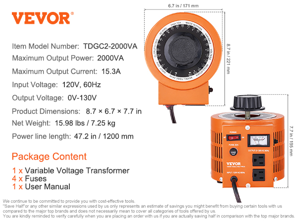 VEVOR 2000VA Auto Variable Voltage Transformer, 15.3 Amp, 110V Input 0-130V Output AC Voltage ...
