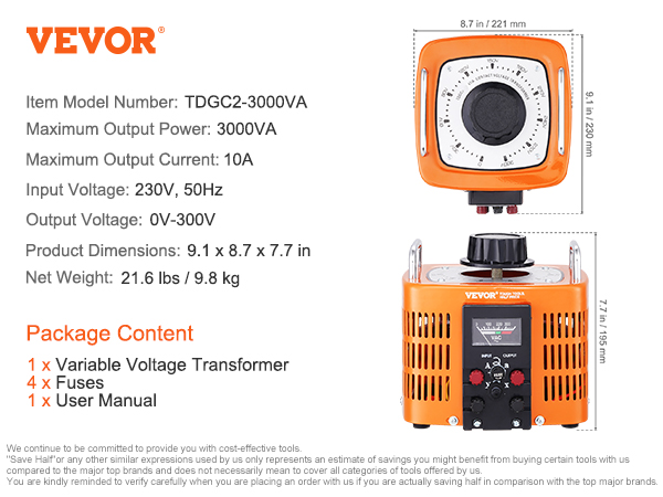 Vevor 3000va Variable Voltage Transformer 10a 0 300v Ac Voltage