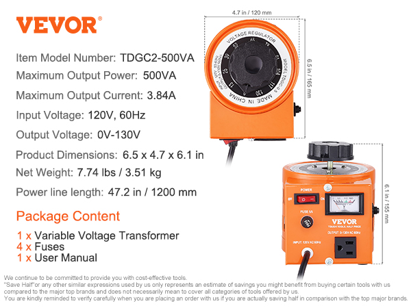 VEVOR 500VA Auto Variable Voltage Transformer, 3.84 Amp, 110V Input 0 ...