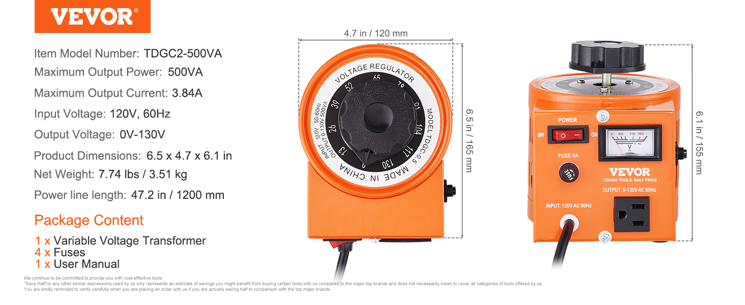 VEVOR 500VA Auto Variable Voltage Transformer, 3.84 Amp, 110V Input 0-130V Output AC Voltage ...