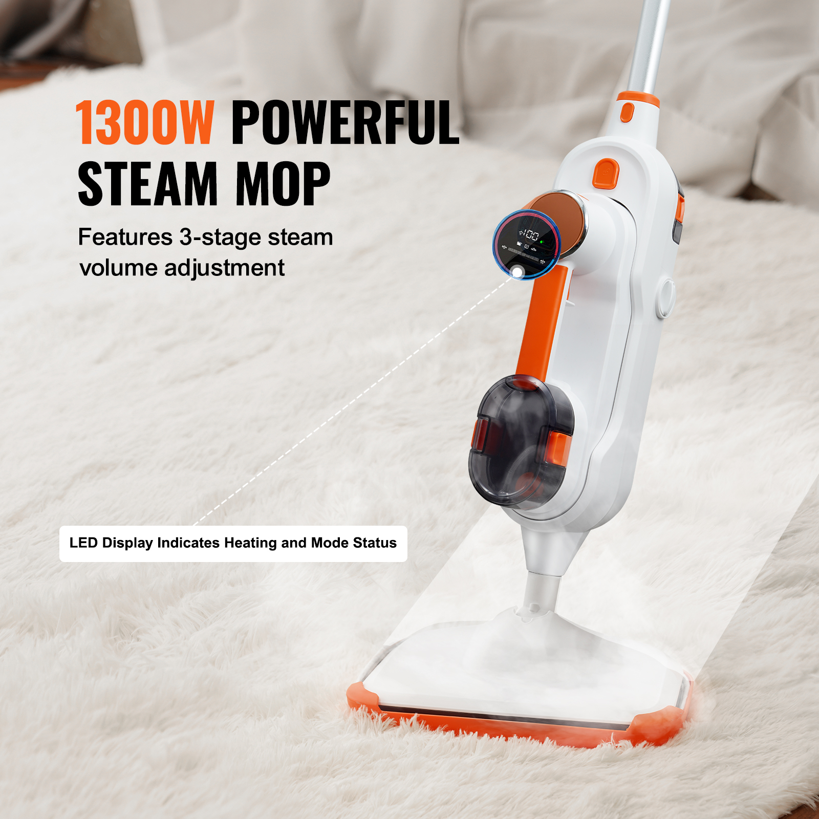 VEVOR Steam Mop Hard Wood Floor Cleaner with 7/4 Replaceable Brush ...