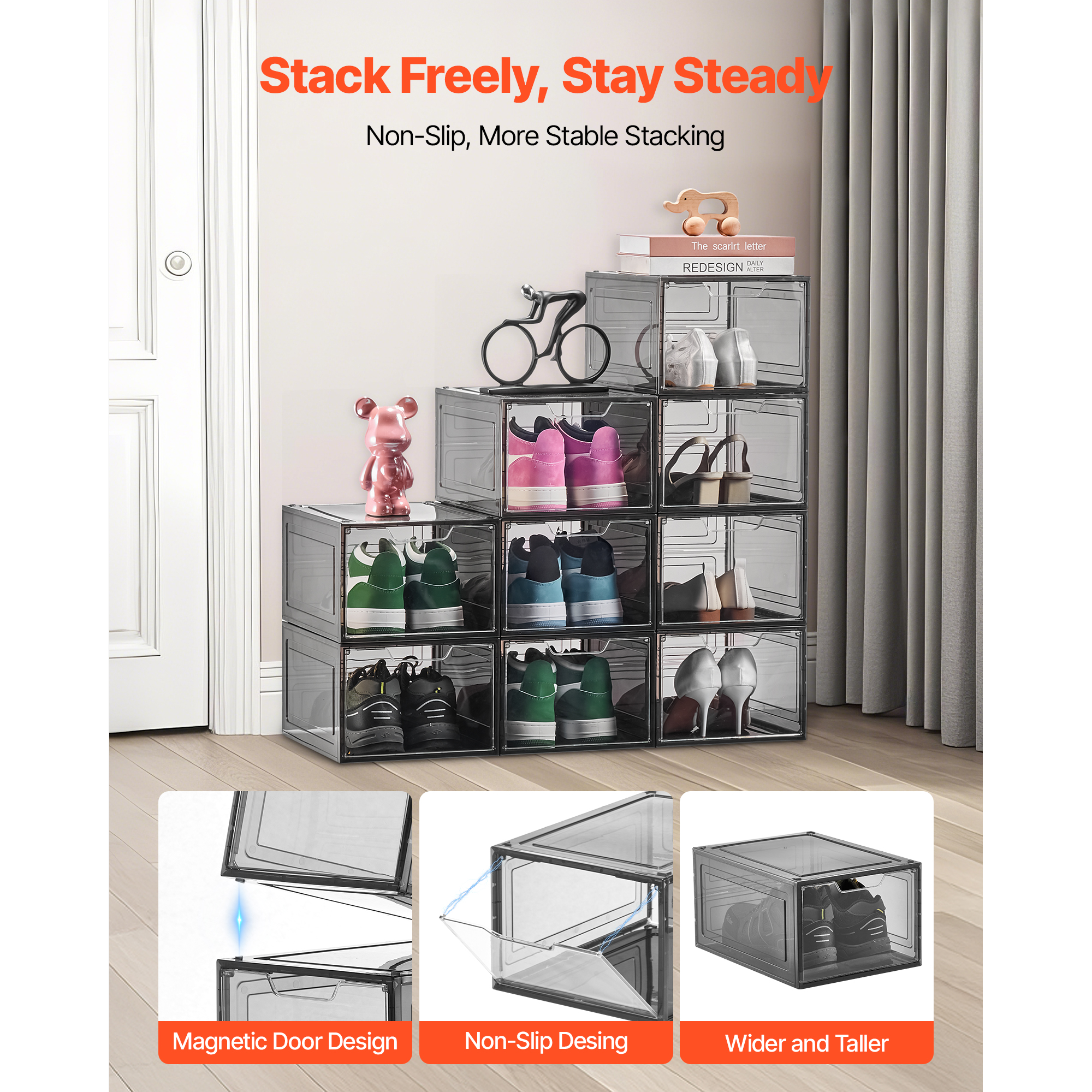 Mophorn Clear Stackable Shoe Storage Boxes, Set of 9 with Magnetic ...