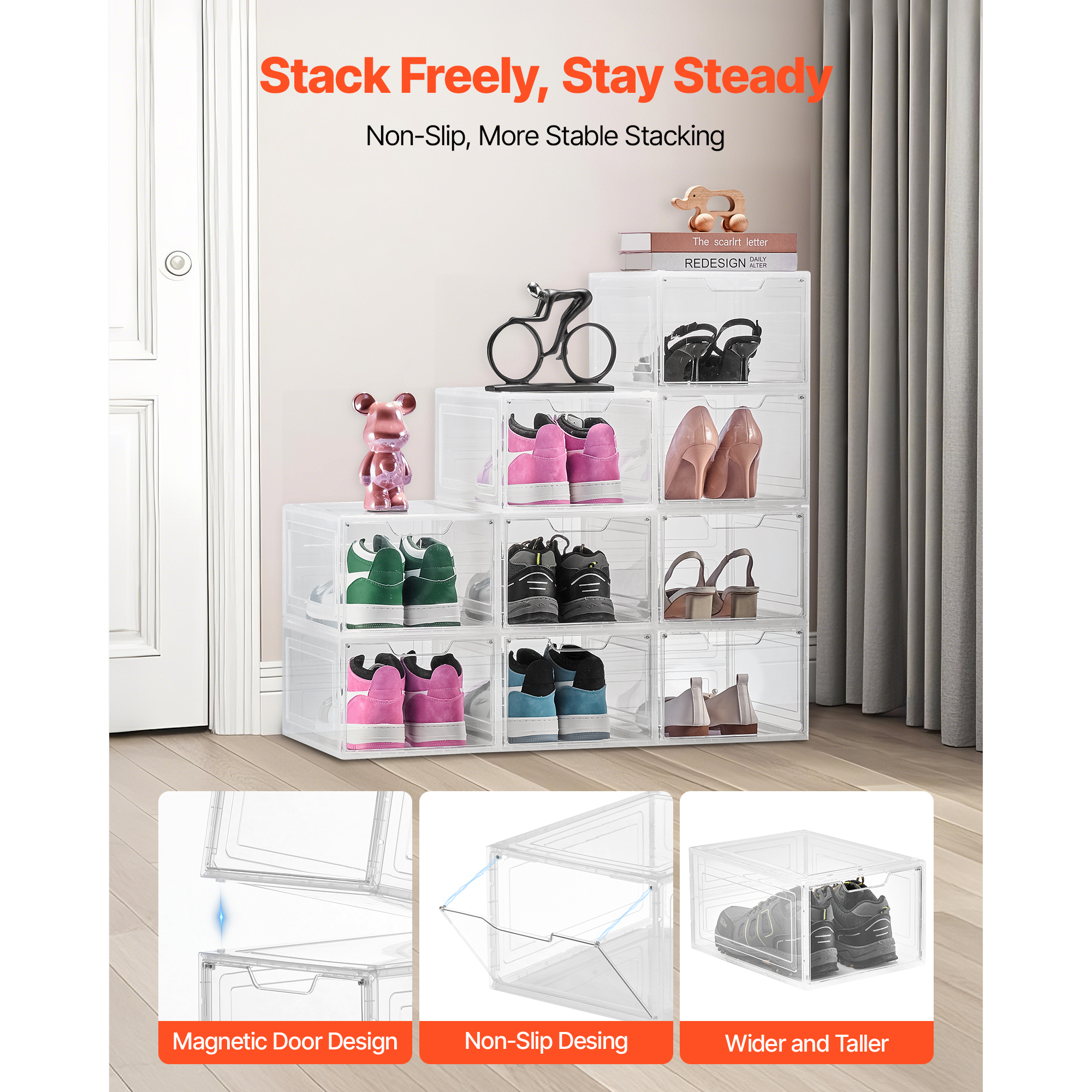 Mophorn Clear Stackable Shoe Storage Boxes, Set of 9 with Magnetic ...