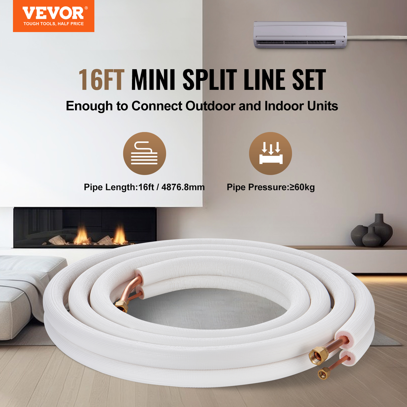 VEVOR Ductless Mini Split Line Set Insulated Copper Kit 16/25/50 ft Tubing AC | eBay
