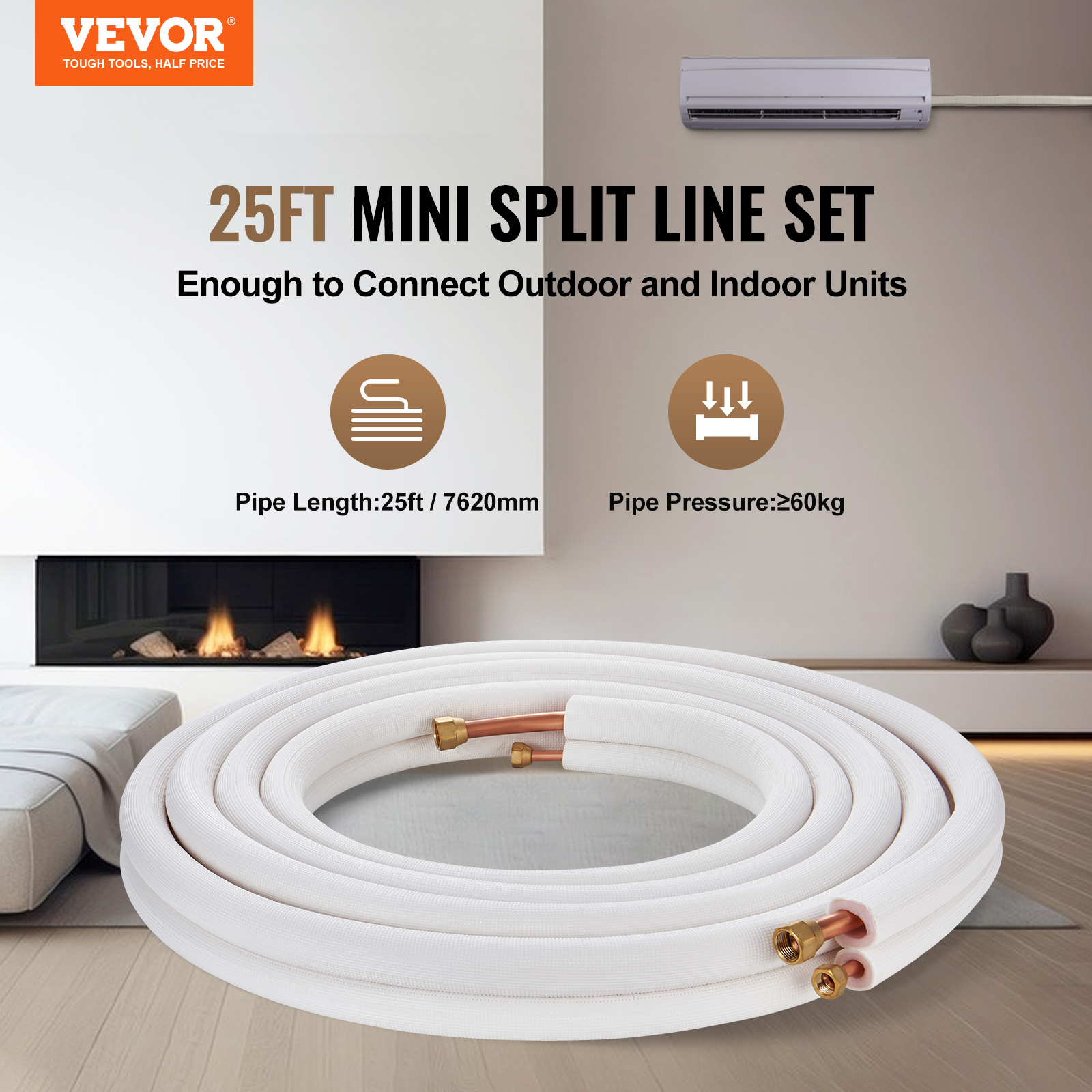 VEVOR Mini Split Ductless Line Set Insulated Kit Copper Tubing AC 16/25 ...