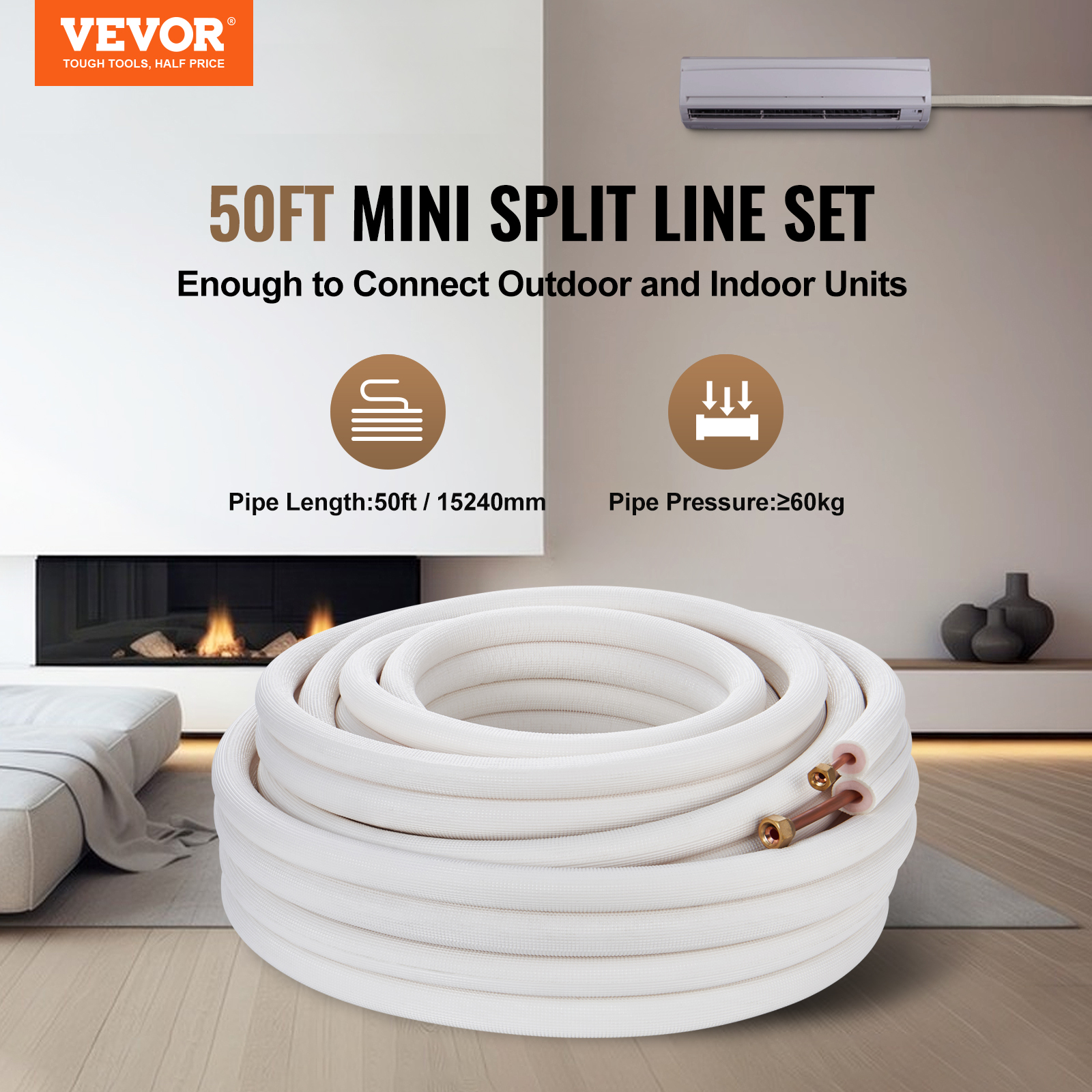 VEVOR Mini Split Ductless Line Set Insulated Kit Copper Tubing AC 16/25 ...