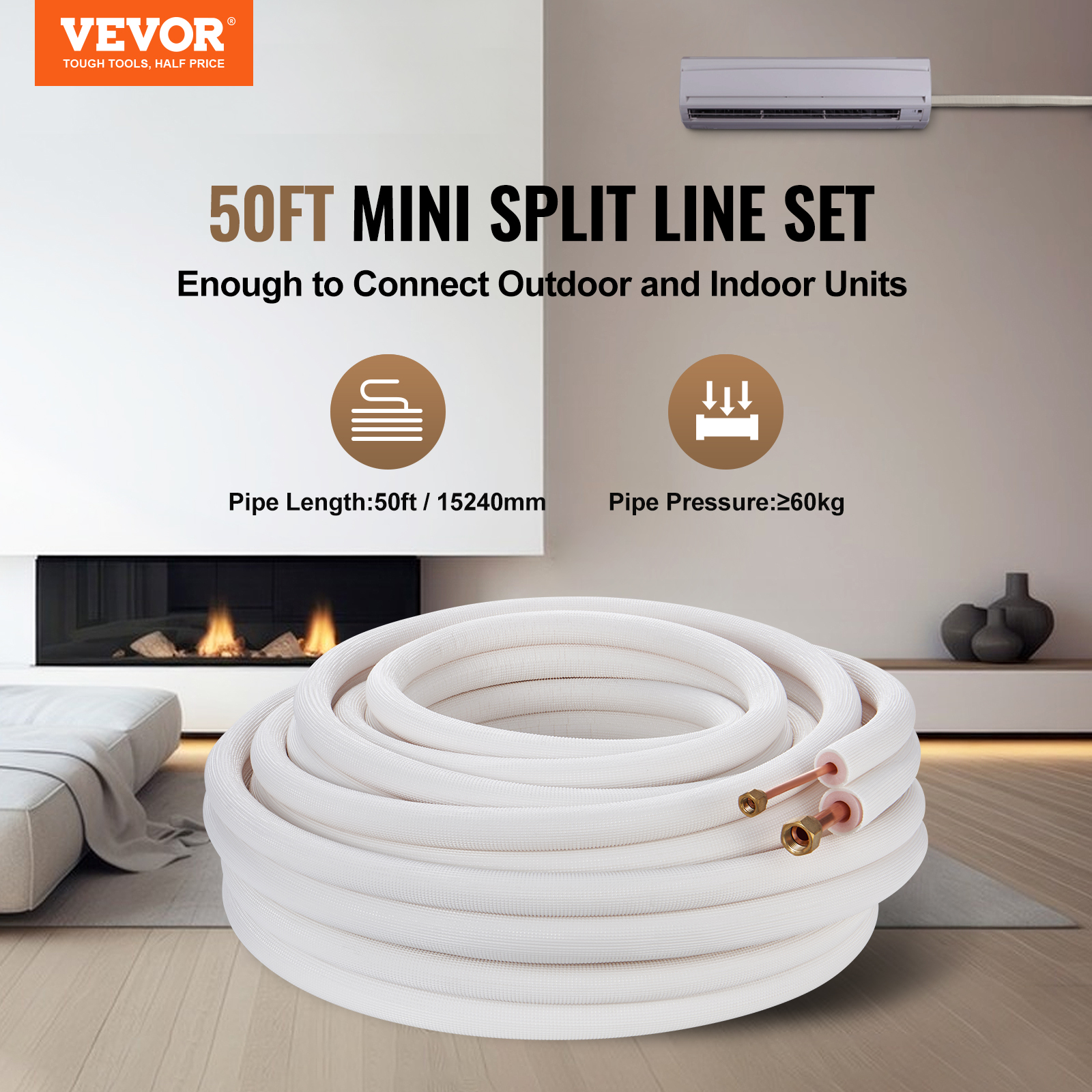 VEVOR Ductless Mini Split Line Set Insulated Copper Kit 16/25/50 ft ...