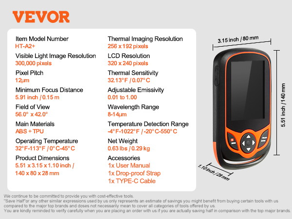 VEVOR Thermal Imaging Camera, 256 x 192 IR Resolution Pocket Infrared ...