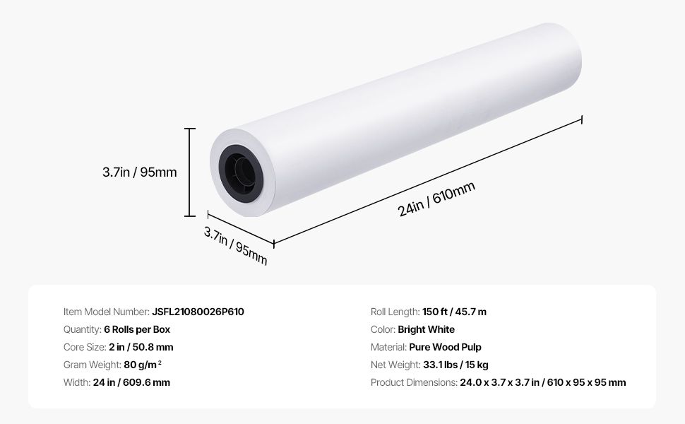 Wide Format Paper Plotter Paper 6 Rolls 24 in x 150 ft CAD Bond Rolls ...