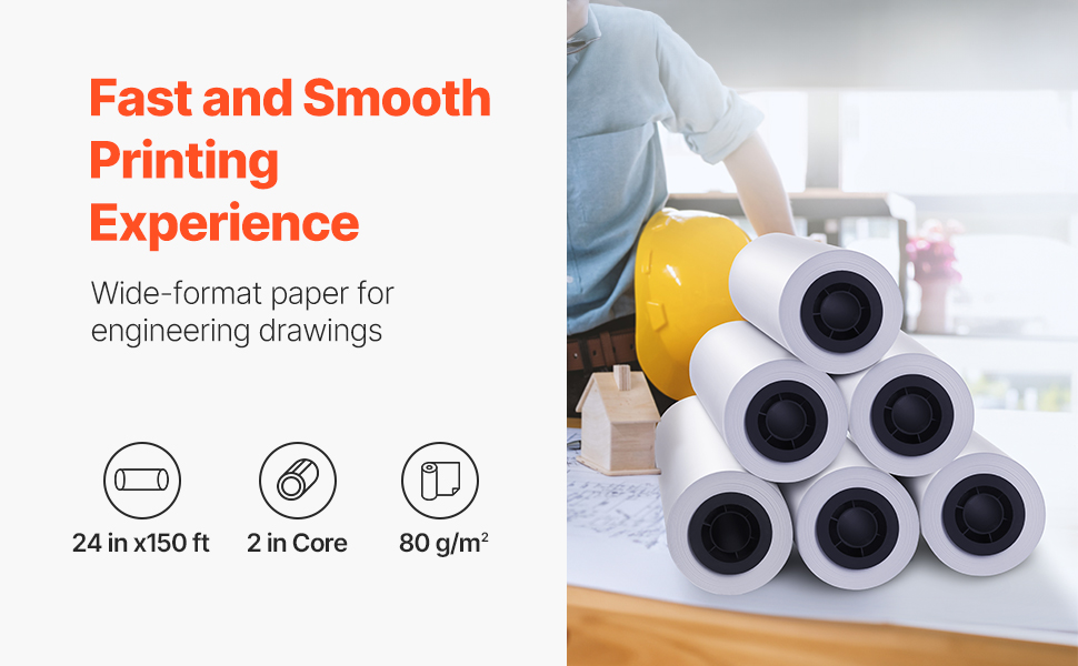 Wide Format Paper Plotter Paper 6 Rolls 24 in x 150 ft CAD Bond Rolls ...