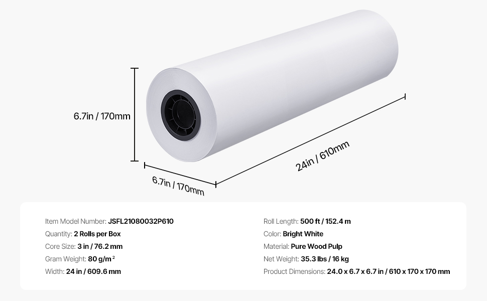 VEVOR Wide Format Paper, 24 in x 500 ft Plotter Paper, 2 Rolls CAD Bond Rolls with 3 in Core, 20 ...