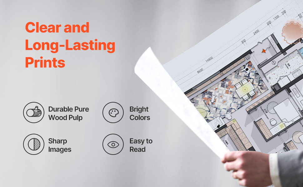 VEVOR Wide Format Paper, 24 in x 500 ft Plotter Paper, 2 Rolls CAD Bond ...